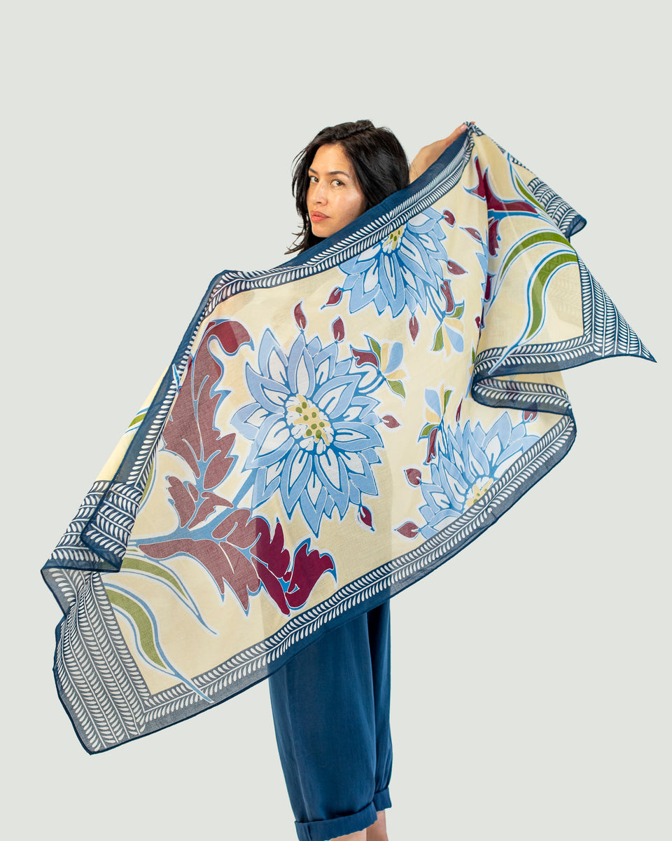 Insect-Repellent Scarf — Dahlia with Blue Border – Shoo For Good